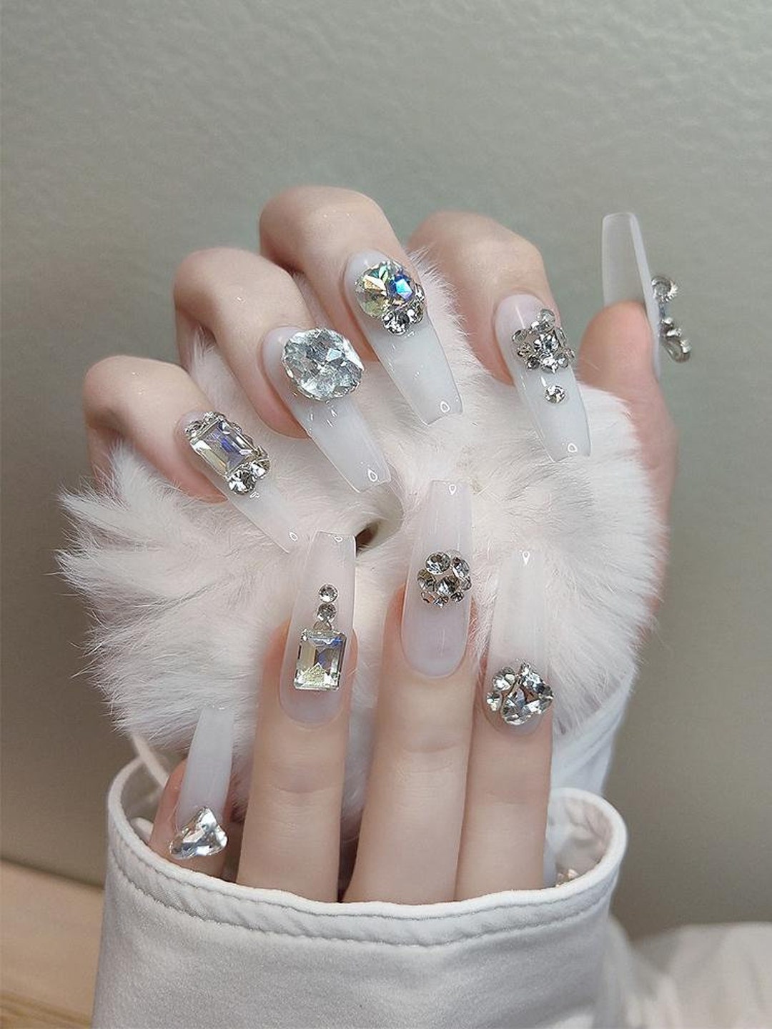 White Rhinestone Press-on Nails | Long Coffin Acrylic Press on | Hand ...
