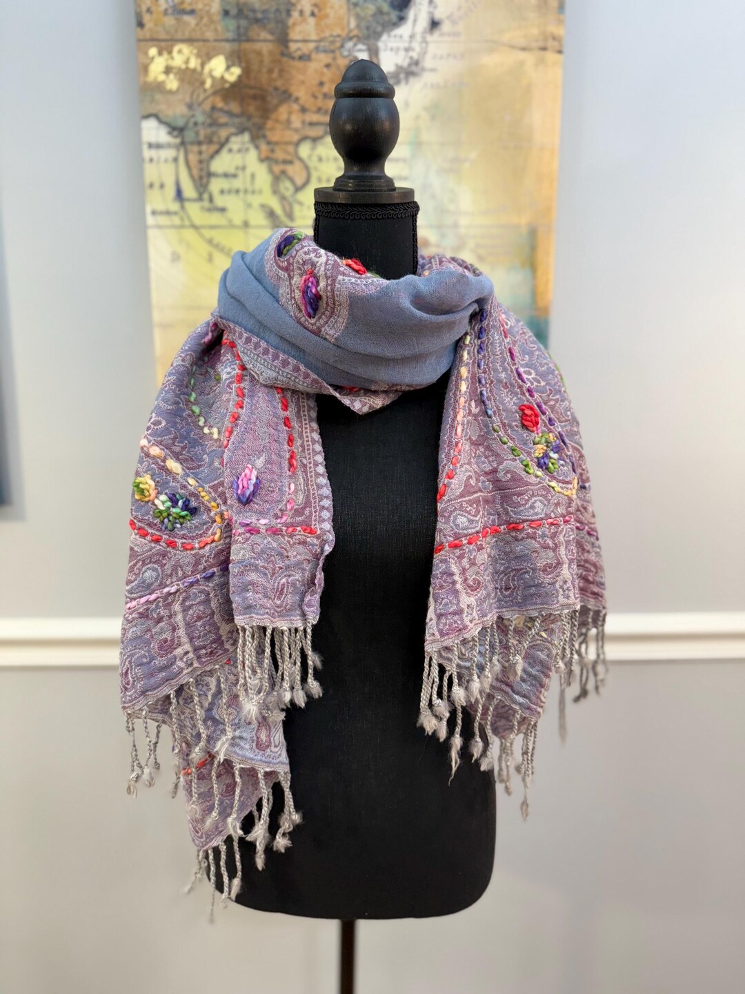 Boiled Wool Hand-embroidered Knit Shawl Scarf/ Pashmina – Handmade in ...