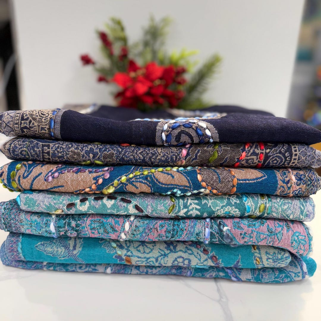 Boiled Wool Hand-embroidered Knit Shawl Scarf/ Pashmina – Handmade in ...