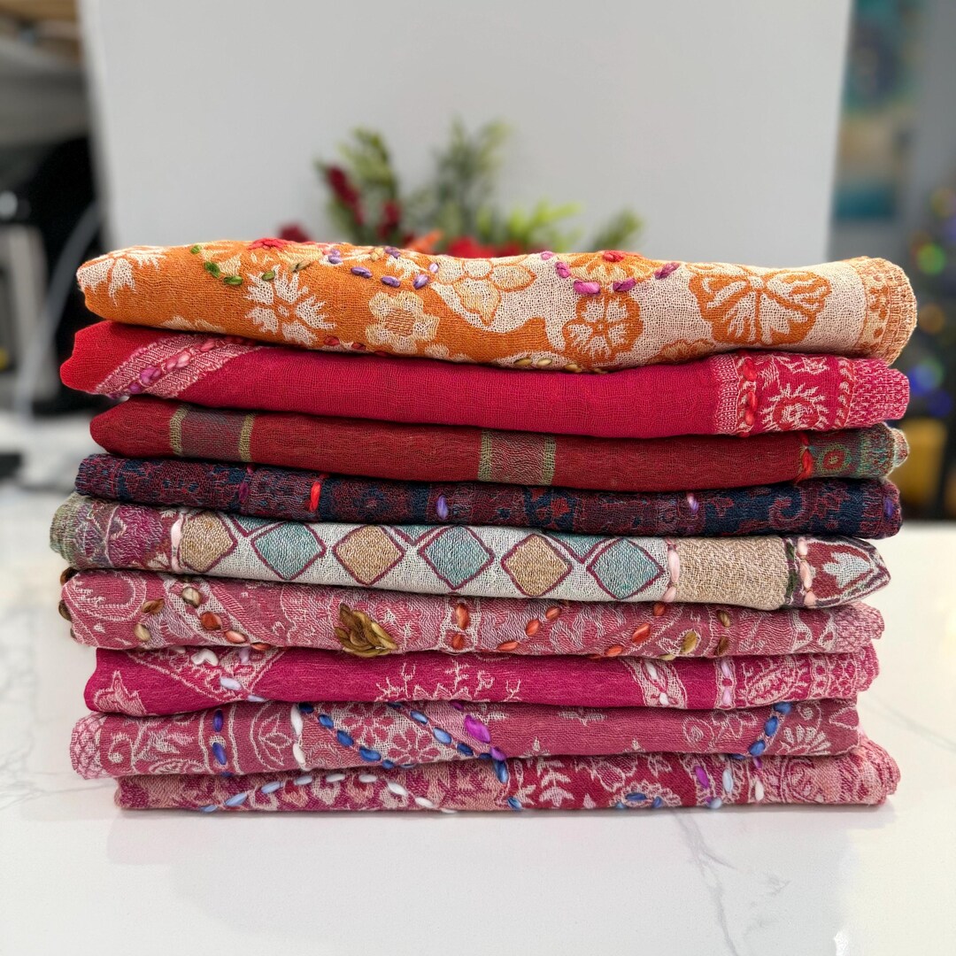 Boiled Wool Hand-embroidered Knit Shawl Scarf/ Pashmina – Handmade in ...