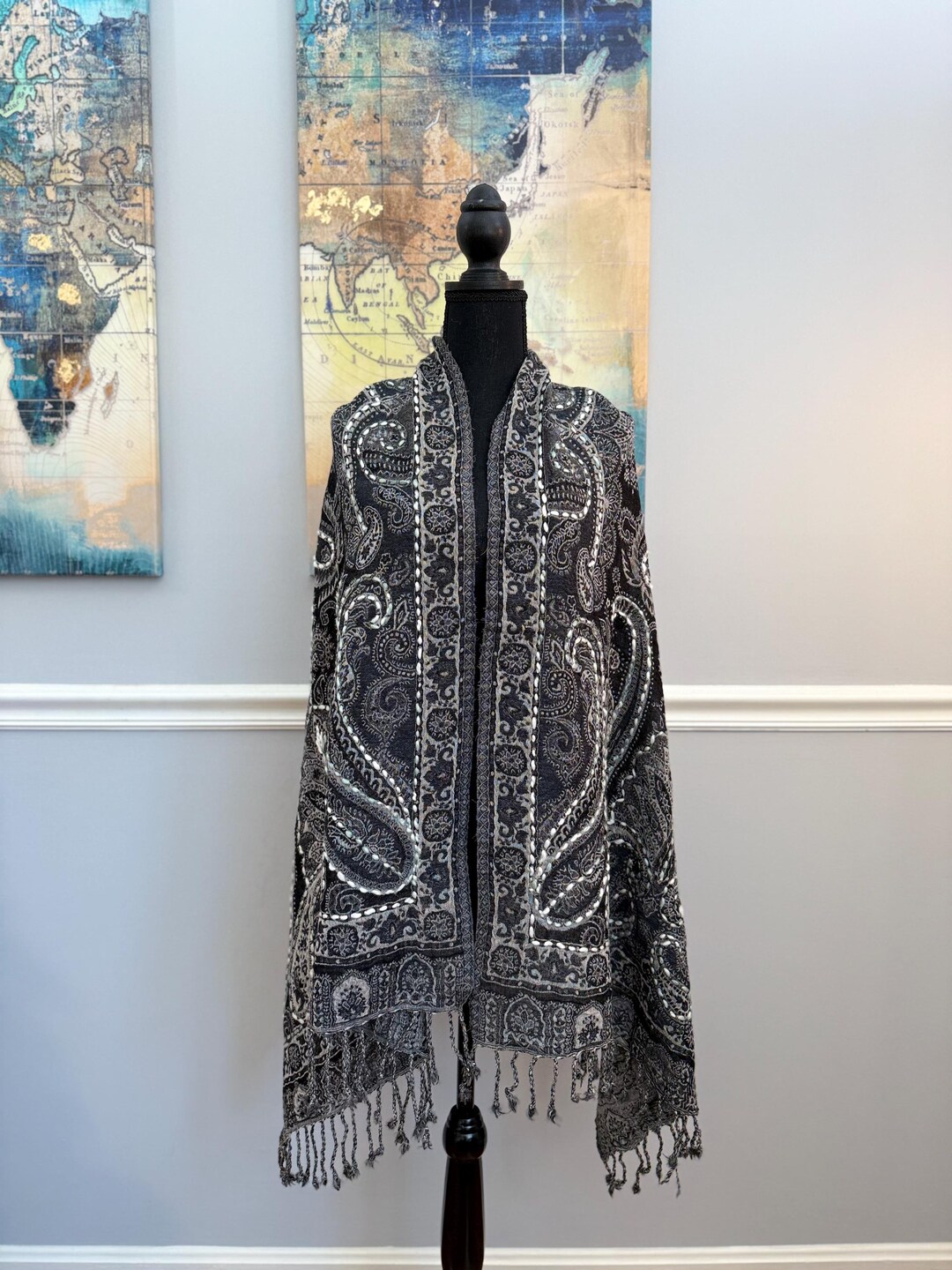 Boiled Wool Hand-embroidered Knit Shawl Scarf/ Pashmina – Handmade in ...