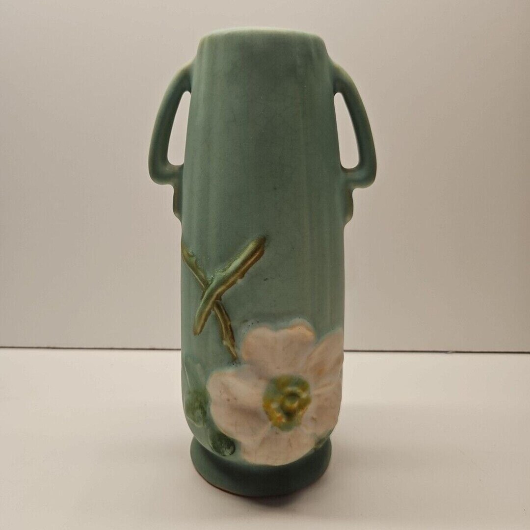 Weller Pottery Art Deco Green Wild Rose Floral 8 Vase Urn Double Handle ...