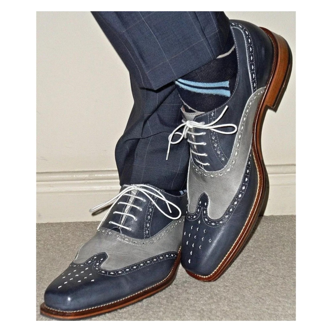 Men's Personalize Handmade Blue & Grey Leather Wingtip Brogue Bespoke ...