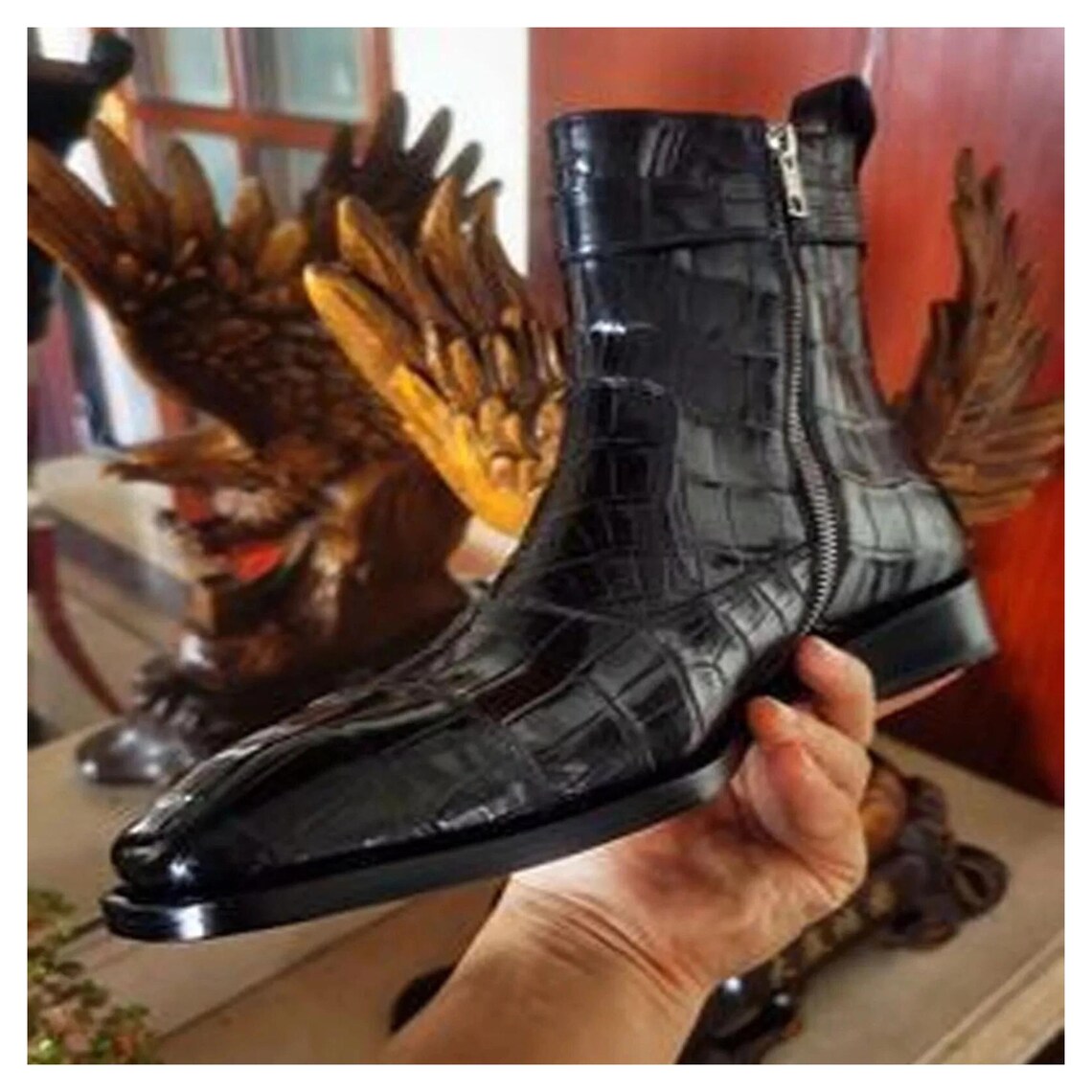 Handmade Black Alligator Texture Leather Zip Boots: Men's Formal Boot ...