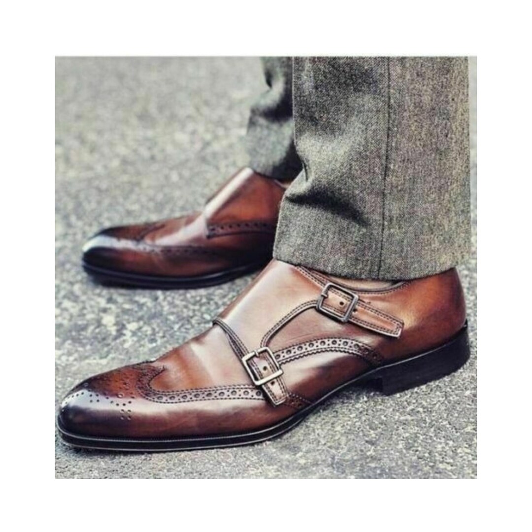 Men's Notch Quality Handmade New Two Tone Brown Leather Monk Shoe Smart ...
