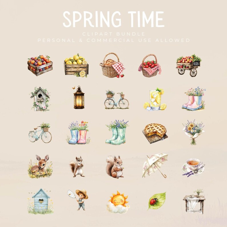 Spring Time Clipart Bundle, Cute Spring Clipart, Watercolor Animals ...