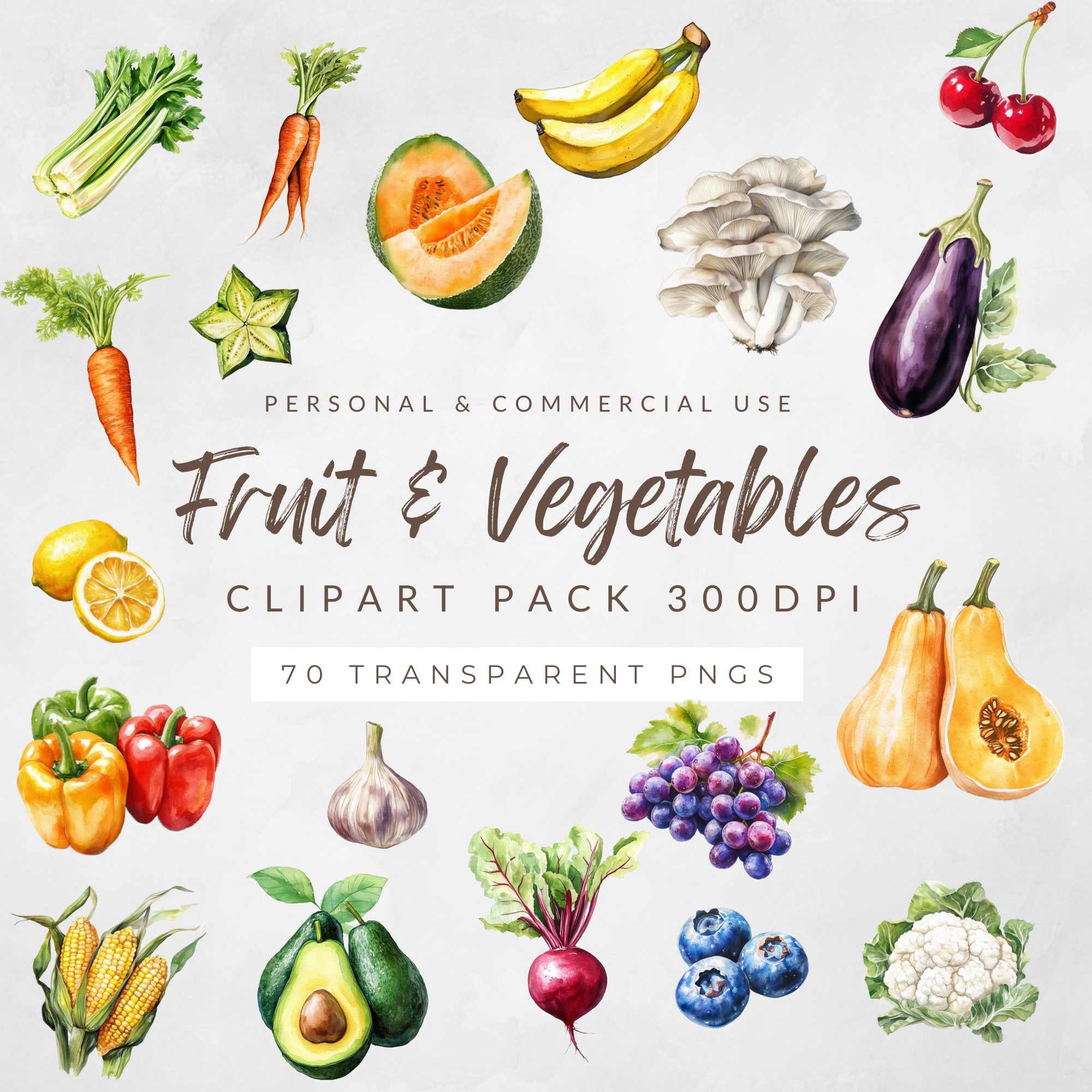 Watercolor Fruit and Vegetable Clipart | Food Clipart | Farmers Market ...