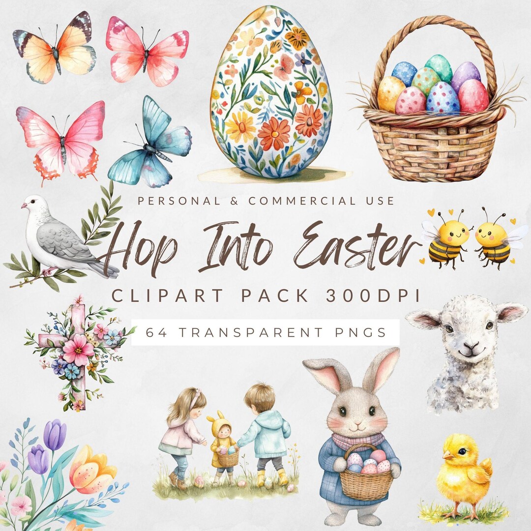 Hop Into Easter Clipart Bundle | 64 PNG Images | Pastel Watercolours ...