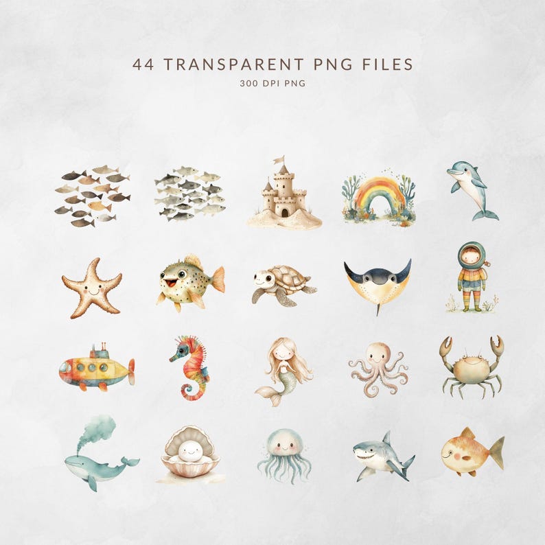 Cute Under the Sea Clipart | Watercolor Ocean Animals, Octopus, Turtle ...