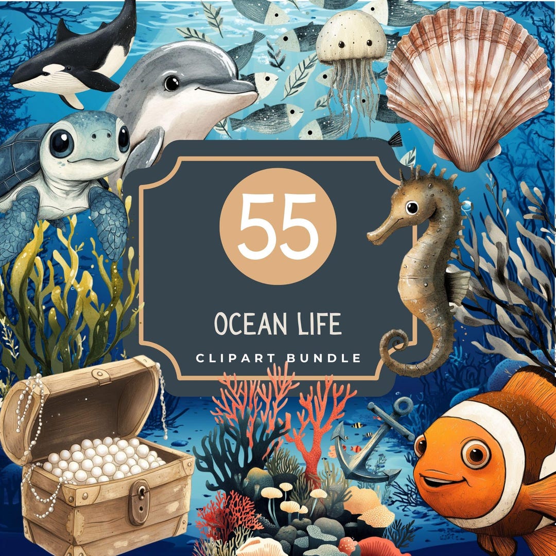 Ocean Life Clipart Bundle 55 Images, Cute Ocean Clipart, Sea Creatures ...