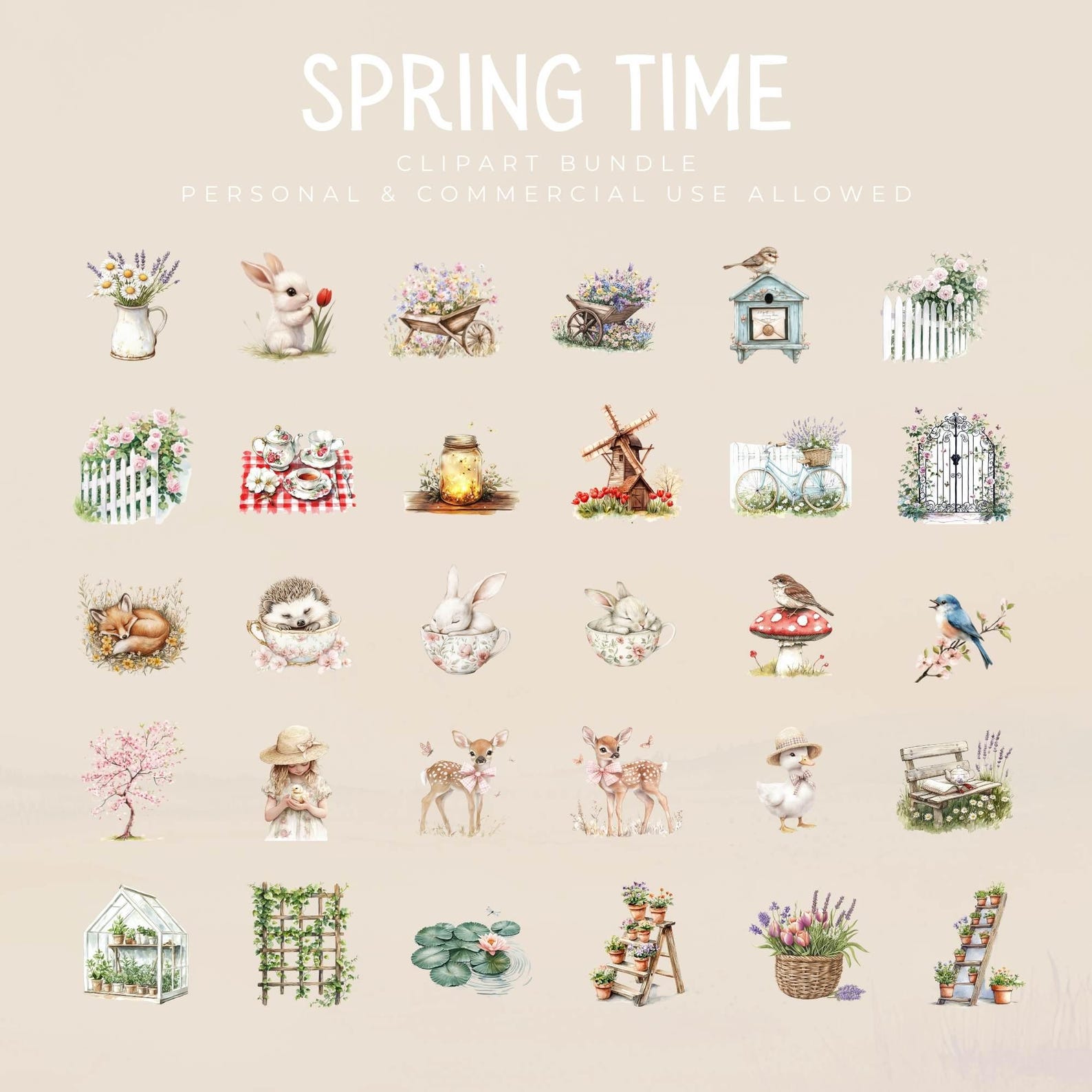 Spring Time Clipart Bundle, Cute Spring Clipart, Watercolor Animals ...