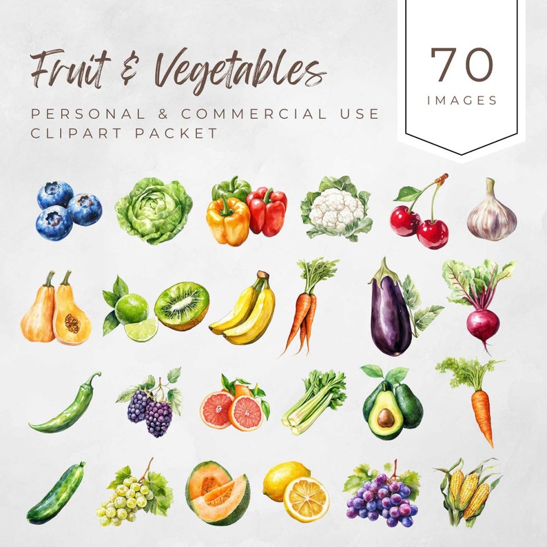 Watercolor Fruit and Vegetable Clipart | Food Clipart | Farmers Market ...