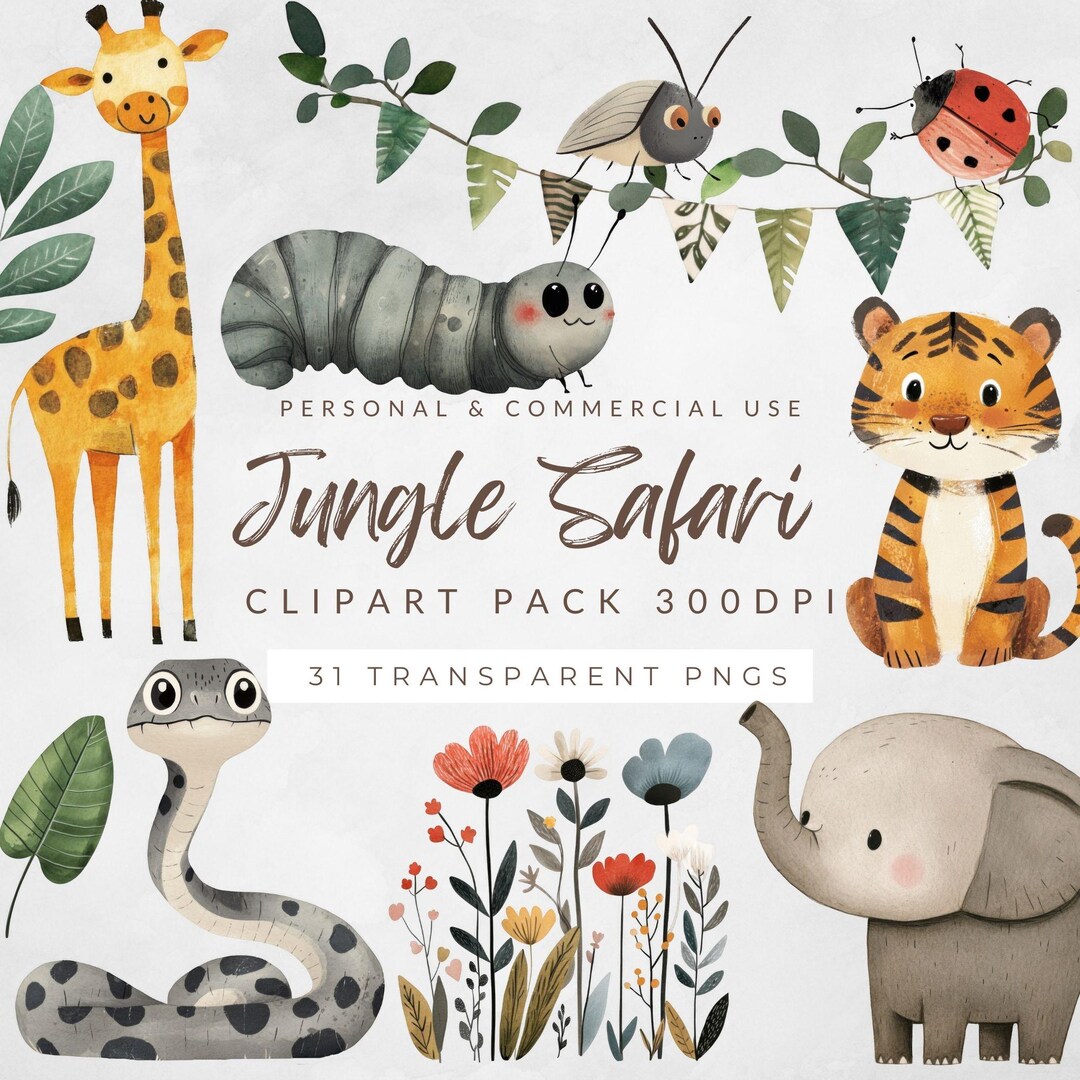 Watercolor Jungle Safari Clipart | Nursery Art | Jungle Animals Png ...