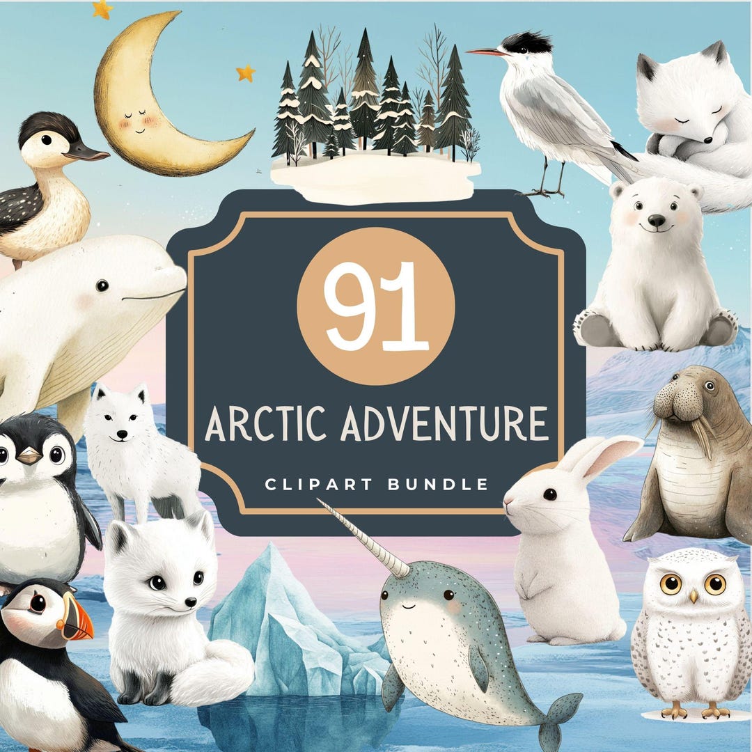 Arctic Animal Clipart Bundle, Polar Bear, Whale, Narwhal, Husky ...