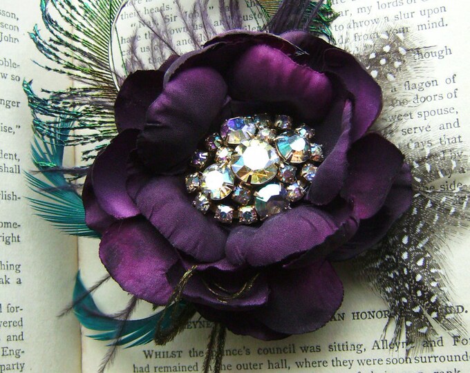 Pauline A Vintage Brooch Hair Clip With Feathers and Eggplant Bloom. - Etsy