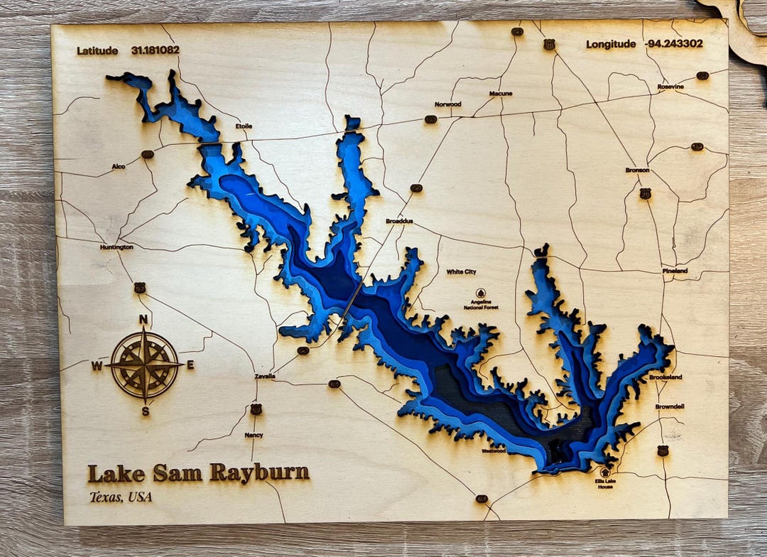 Layered Sam Rayburn Lake Map - Etsy