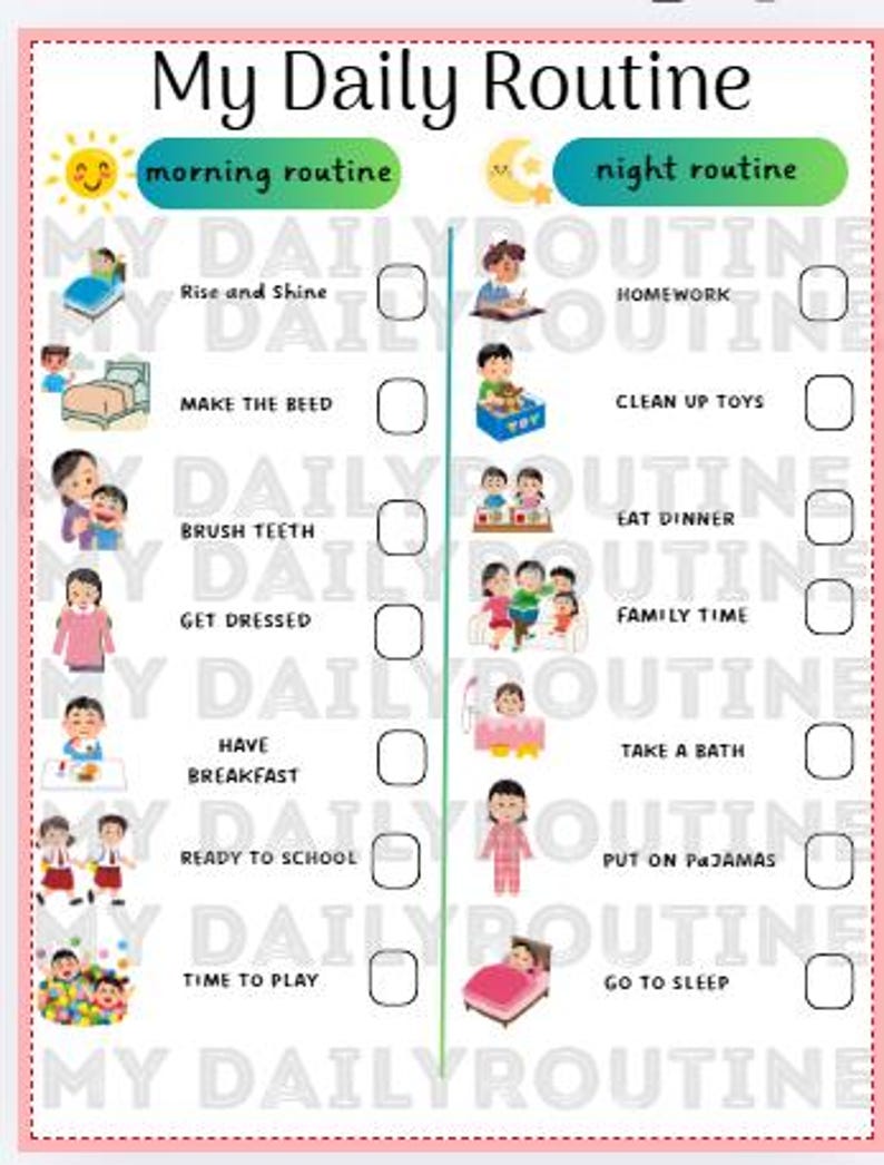 Kids Daily Routine Chart Printable | Morning & Night Routine | Instant ...
