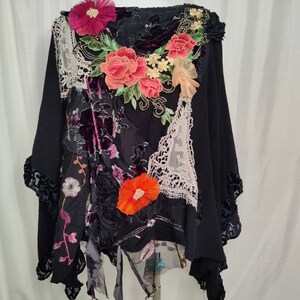 Pancho ORIGINAL OOAK Lace Black Shawl BOHO Wrap Upcycle Fabric Art to ...