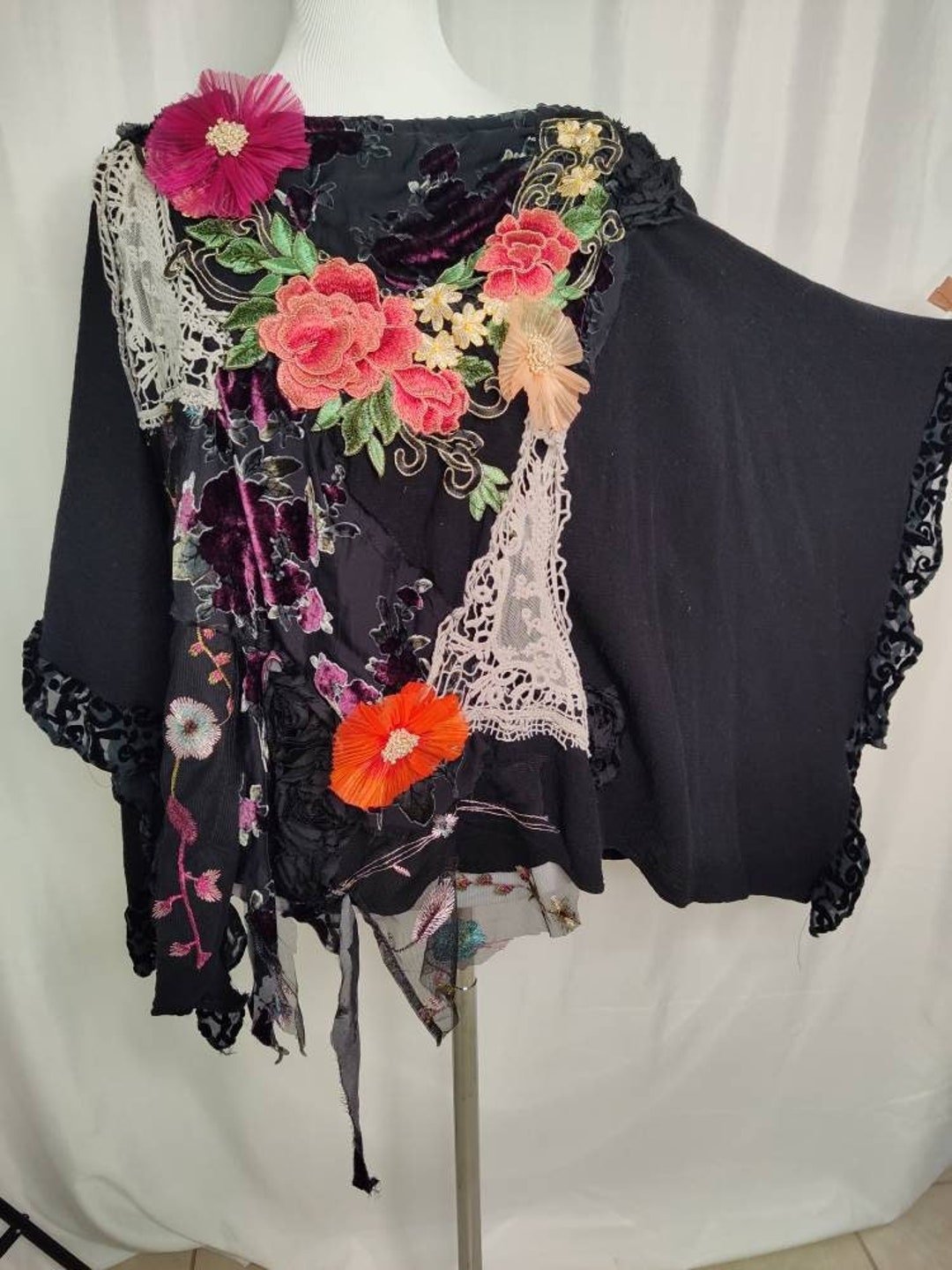 Pancho ORIGINAL OOAK Lace Black Shawl BOHO Wrap Upcycle Fabric Art to ...
