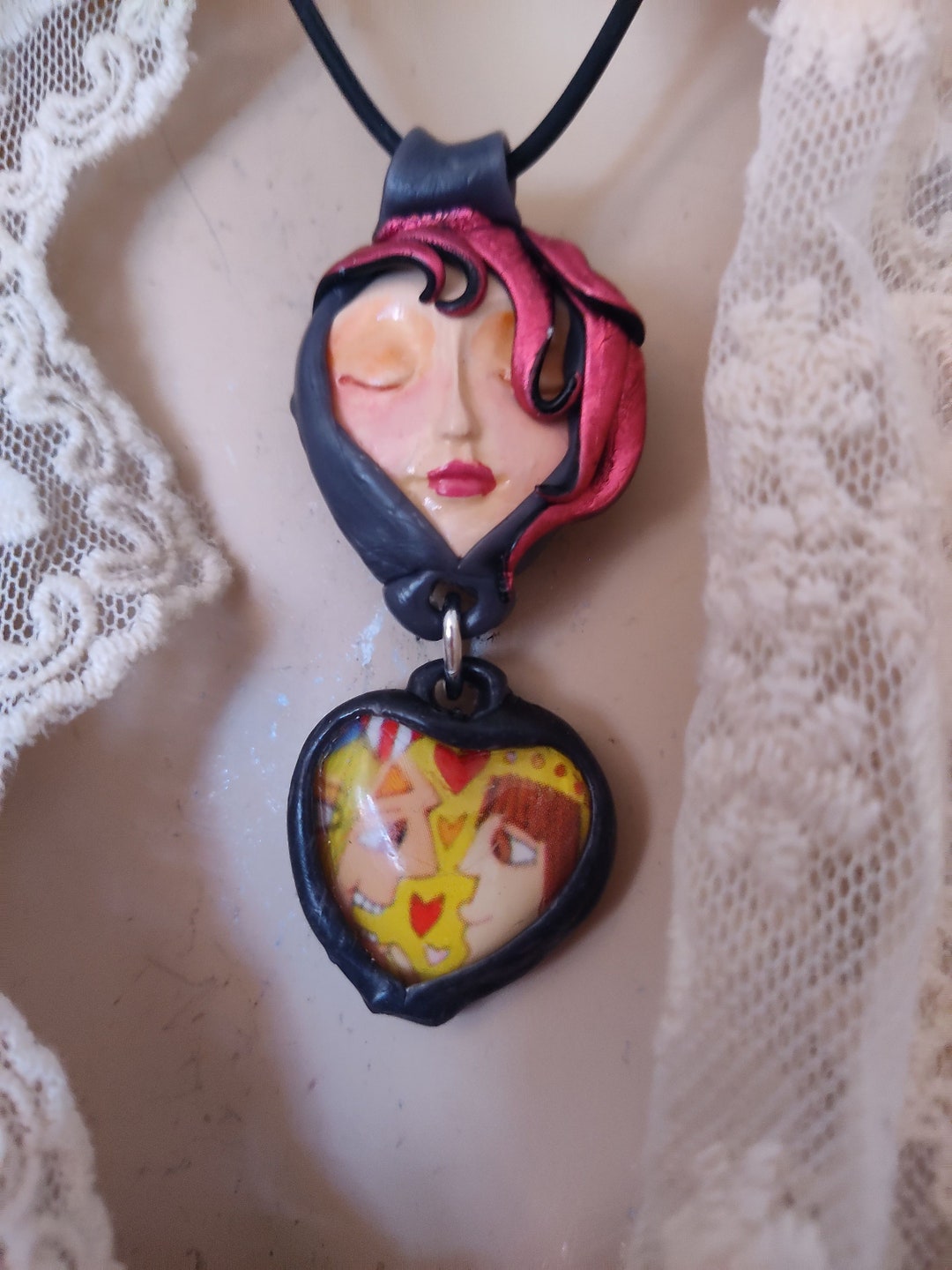 Handmade Heart Pendant Necklace: Serenity Face, Whimsical Hair, Art to ...