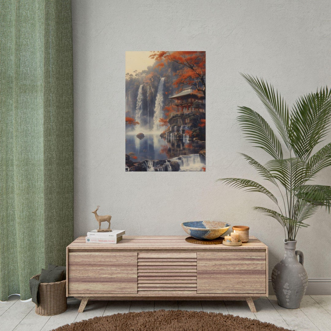 Japanese River Temple Waterfall Poster, Dreamy Zen Wall Art - Etsy