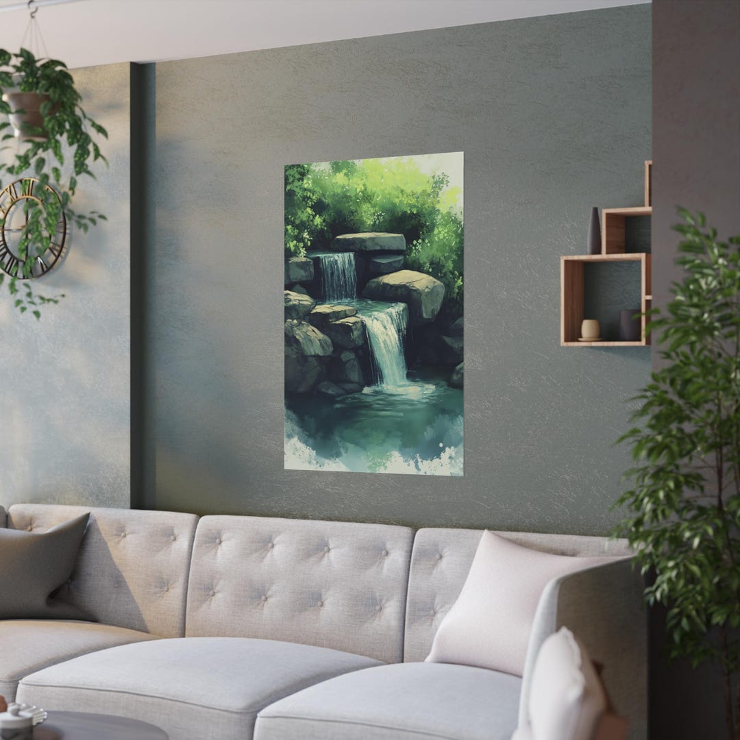 Rock Waterfall Illustration Poster, Calming Pond Wall Art, High-quality ...