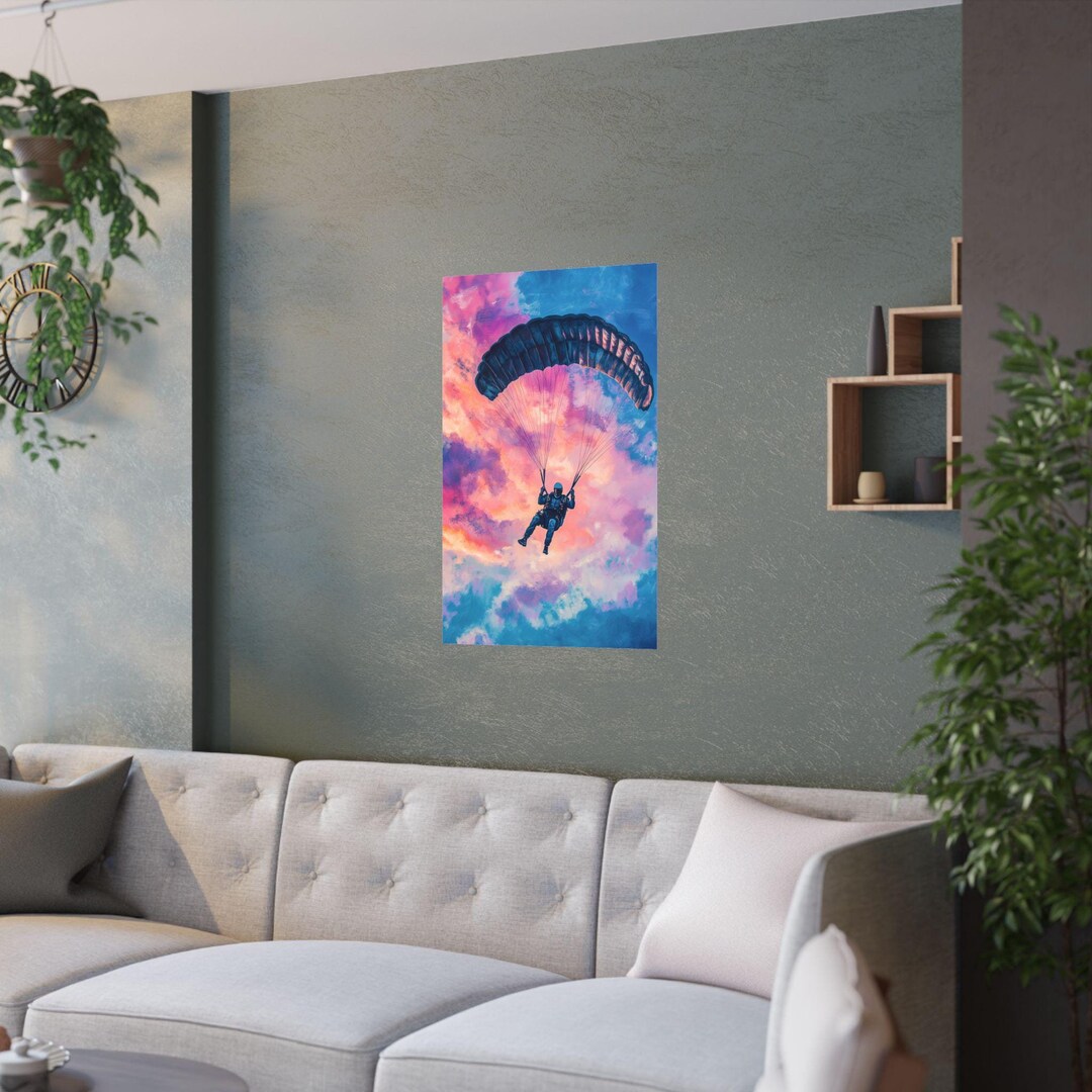 Poster, Skydiver With Parachute Pink and Blue Sky, Colorful Skydiving ...