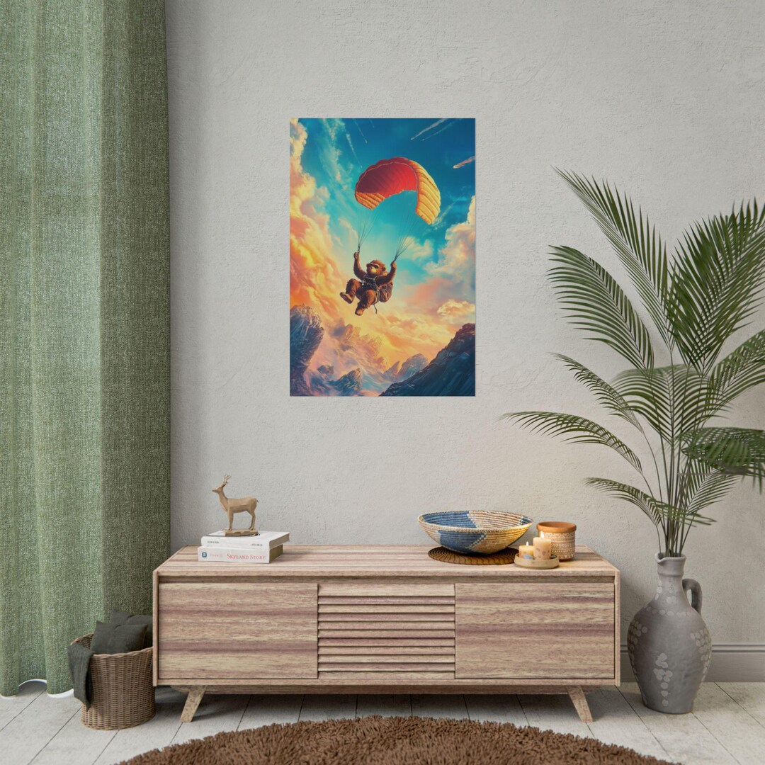 Poster Art, Monkey Skydiving Parachuting Cute Gift Wall Decor, Rolled ...