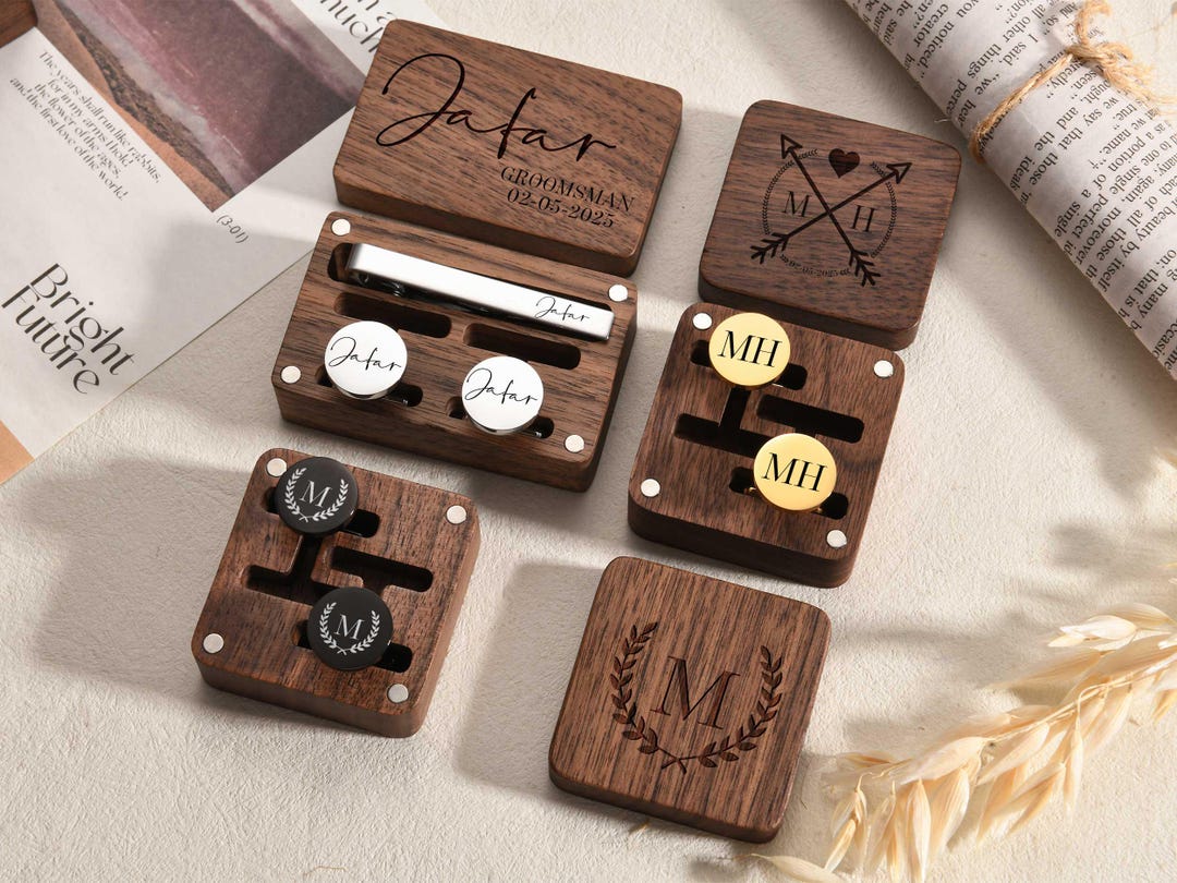 Personalized Cufflinks Tie Clip Box, Engraved Groomsmen Cufflinks ...