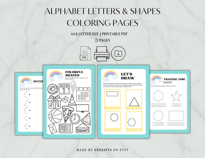 ABC & Shapes Coloring Pages, Kids Artwork, Preschool Printables, Kids ...
