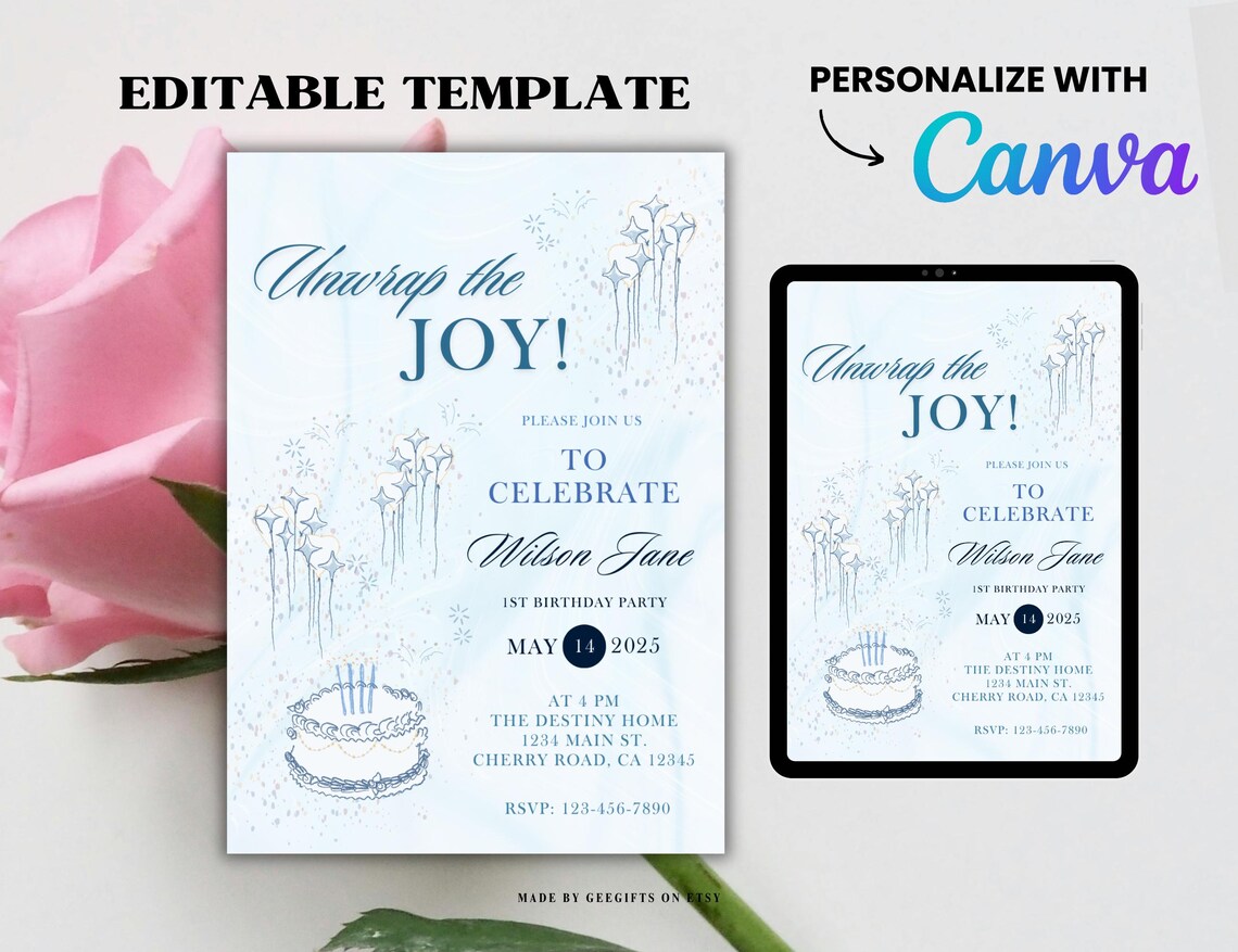 Elegant Blue Birthday Card A4 Size Editable & Printable Template Simple ...