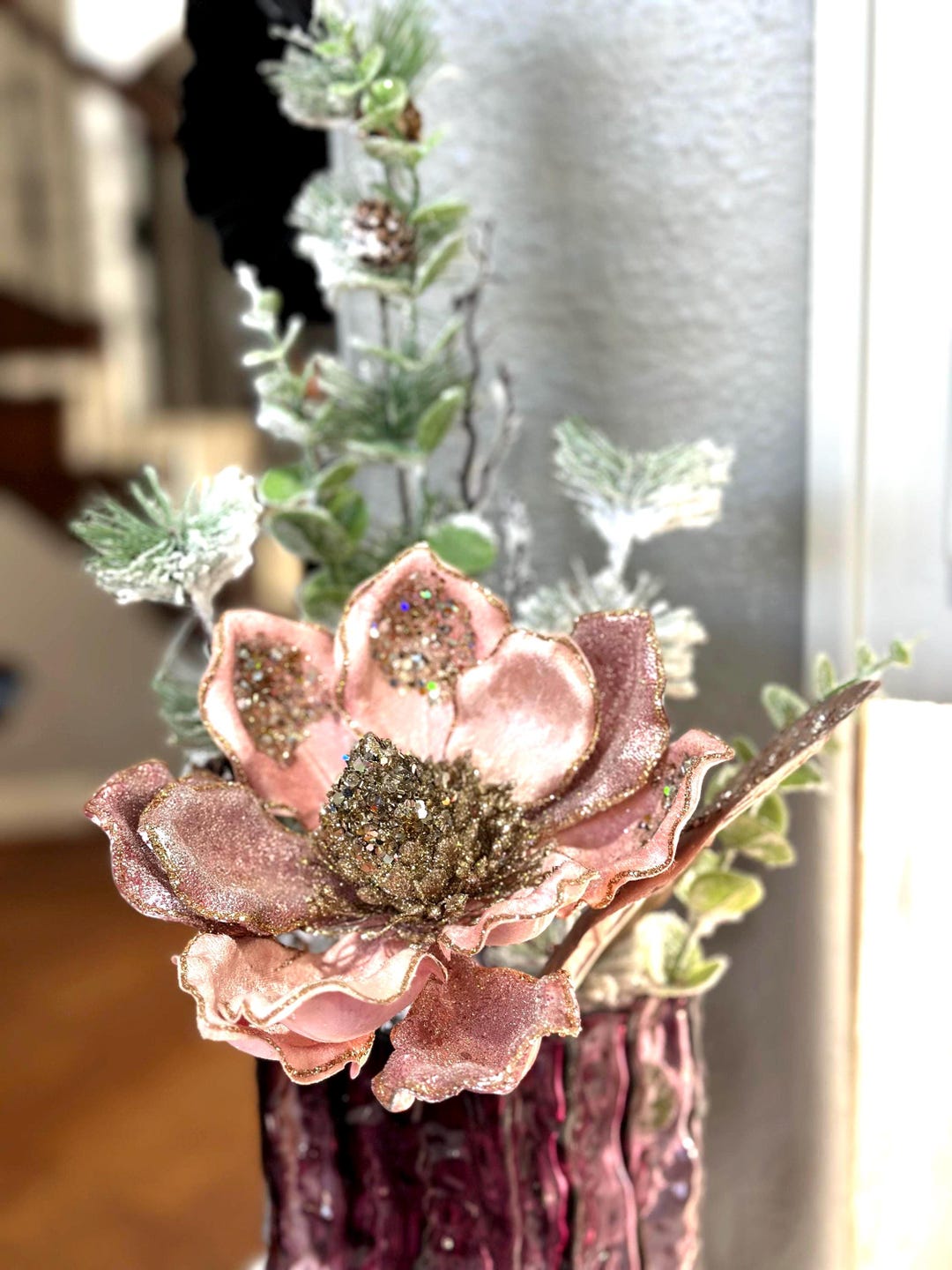 Bejeweled Velvet Magnolia Floral Arrangement | Plum Vase Christmas ...