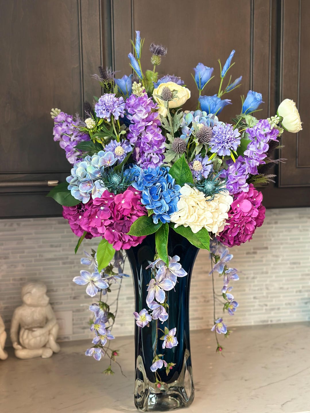 Custom Faux Flower Luxury Arrangement Example: Hydrangeas, Thistle ...