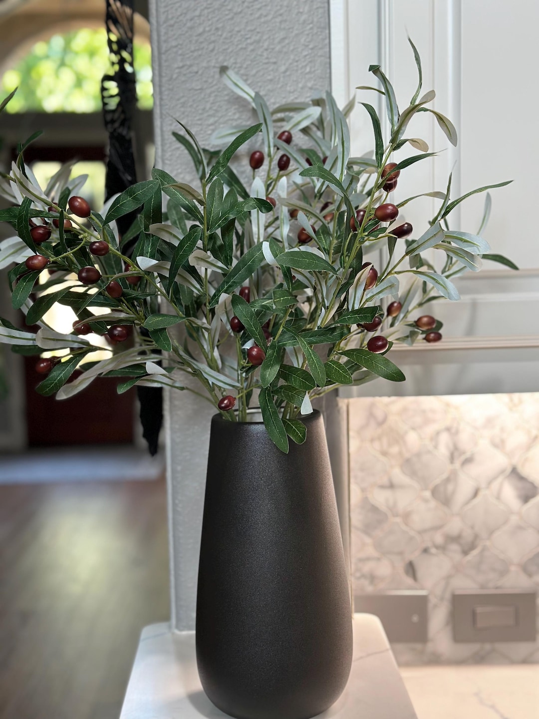 Faux Olive Branch Arrangement: Modern Mediterranean Decor in Black Vase ...