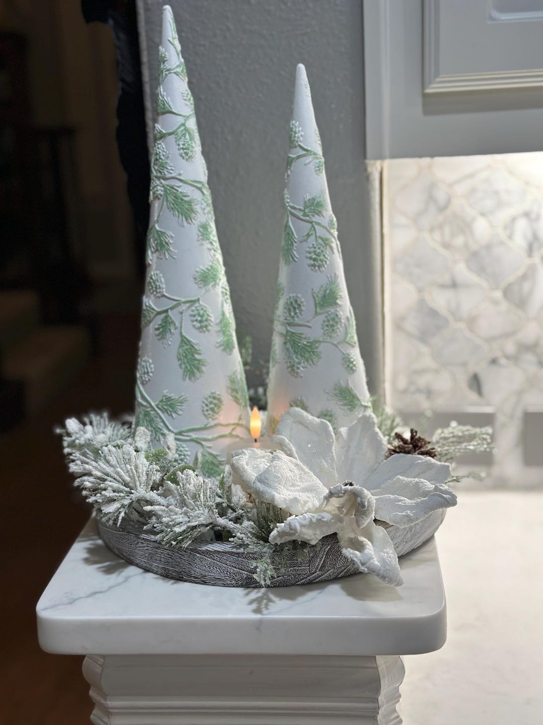 Snowy Mint Forest Christmas Tray • Flocked Magnolia & Pinecones ...