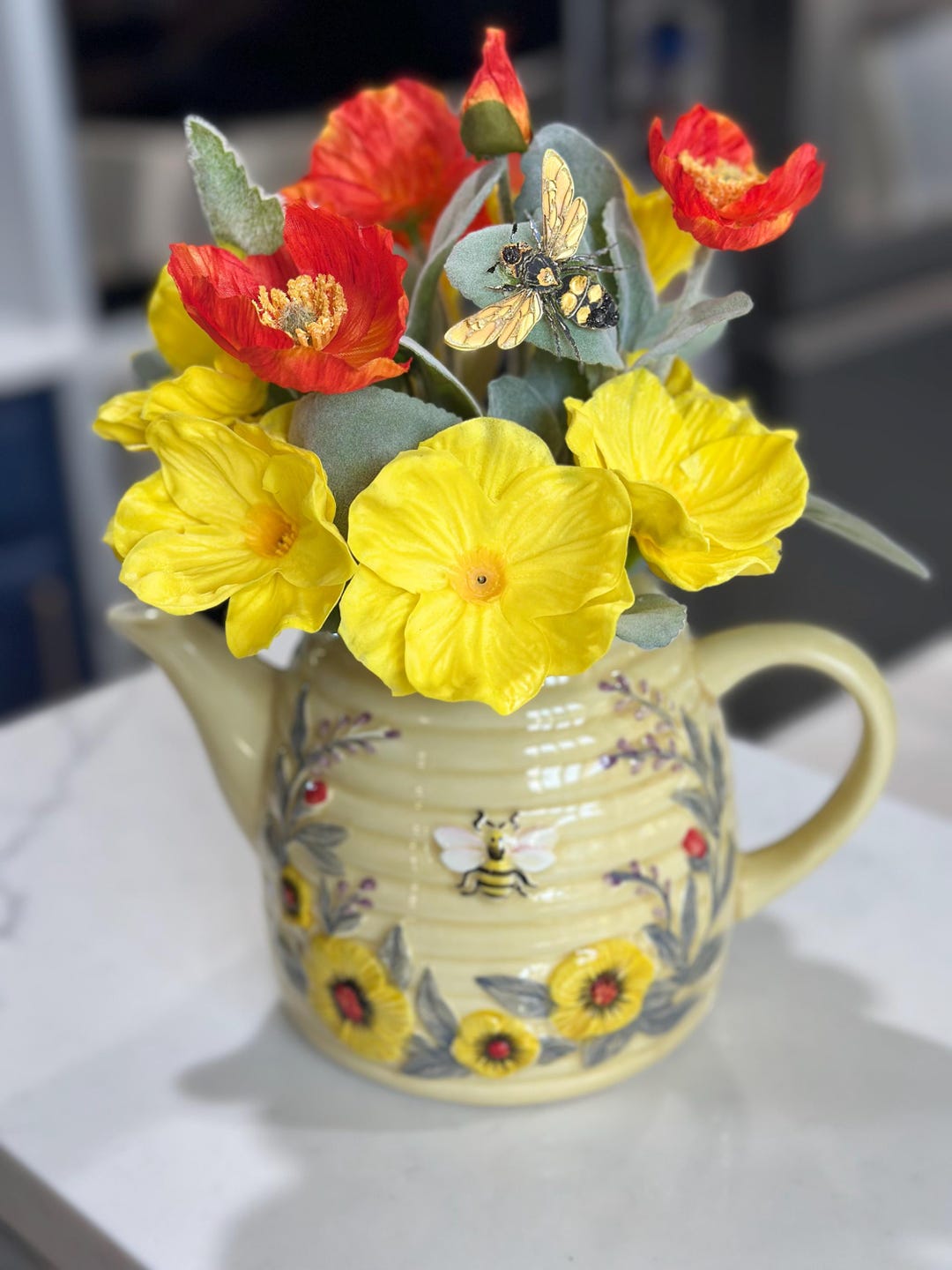 Beehive Teapot Floral Arrangement: Faux Poppies & Lamb's Ear - Summer ...