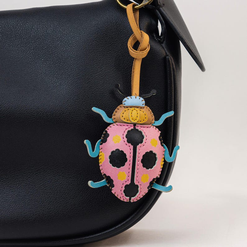 Leather INSECT Bag Charm, Lady Bug Keychain, BEAN LEAF Purse Charm, Car ...