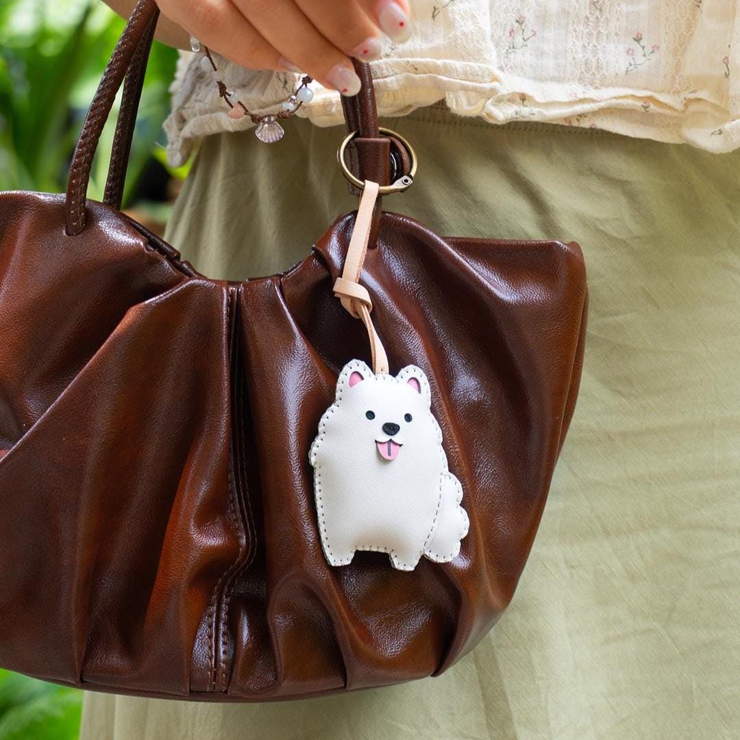 Leather Dog Collection Bag Charm, Handmade Samoyed , Poodle - Golden ...