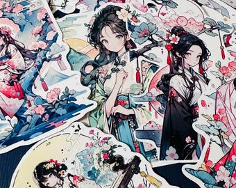 Chinese Girls in Beautiful Dresses. Stickers. Cartoon Style. to Order ...