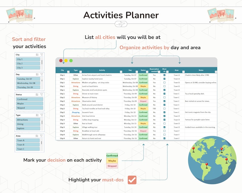 Travel Planner Excel Spreadsheet: Budget, Itinerary, Activities ...