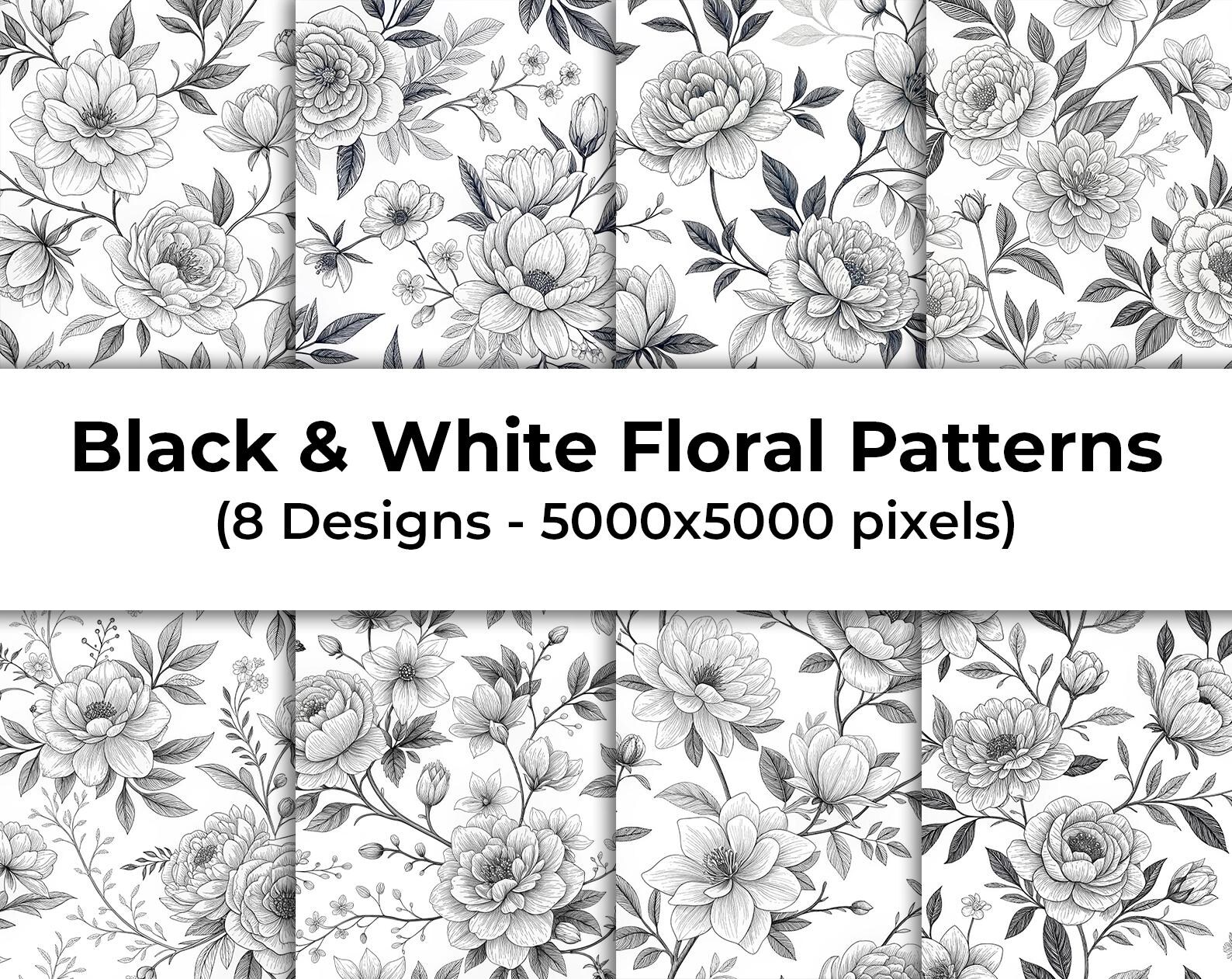 Black & White Floral Patterns - 8 Designs - 5000x5000 Pixels - Etsy