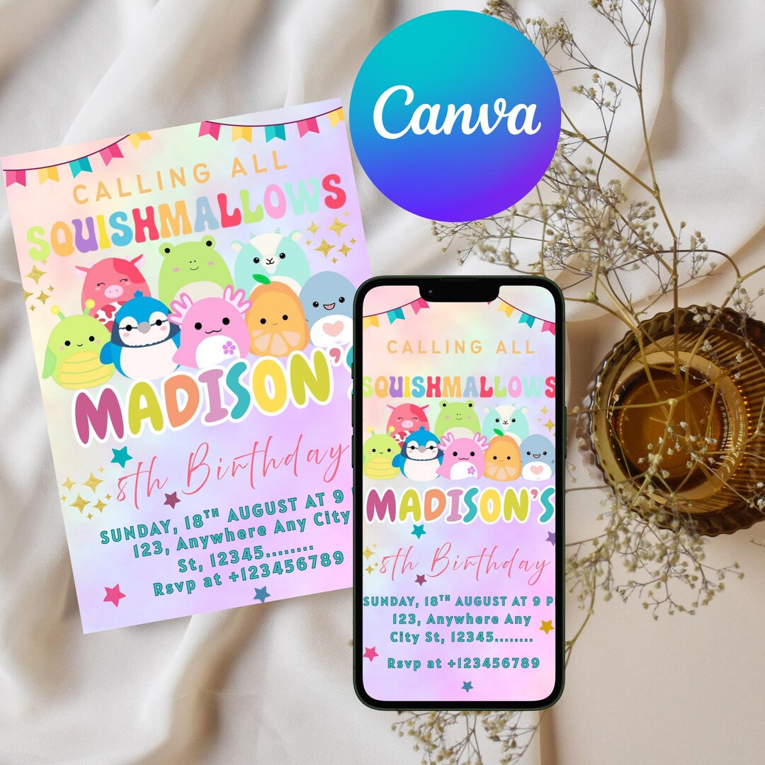 Editable Squishmallow Birthday Invitation: Printable Canva Template - Etsy