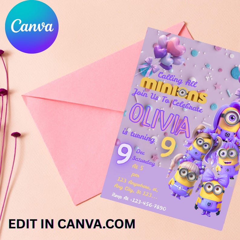 Minion Birthday Invitation Template, Editable Purple and Yellow ...
