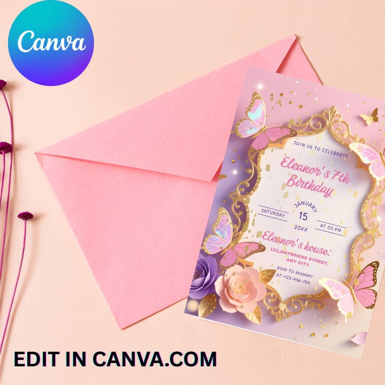 Butterfly Birthday Invitation, Girl Party, Editable Canva Template ...