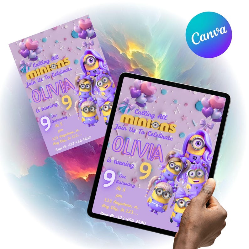 Minion Birthday Invitation Template, Editable Purple and Yellow ...