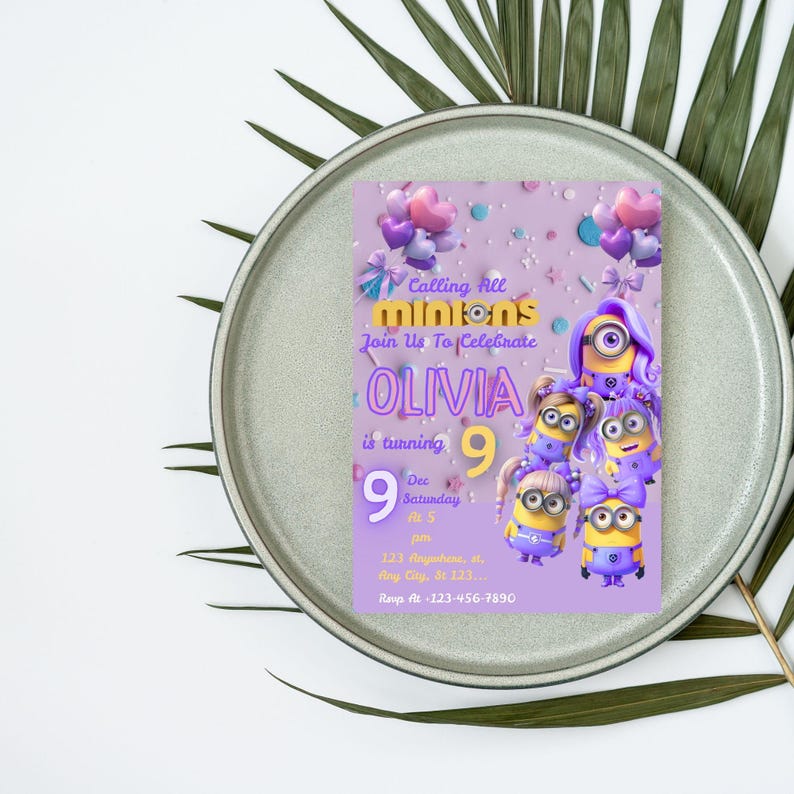 Minion Birthday Invitation Template, Editable Purple and Yellow ...