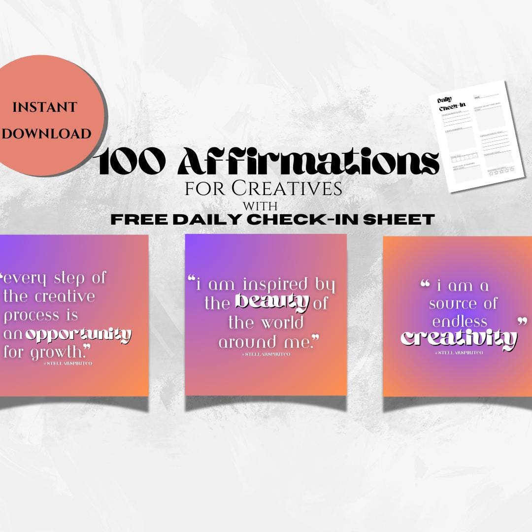 100 Digital Affirmation Cards for Creatives W/ FREE Daily Checkin Sheet ...