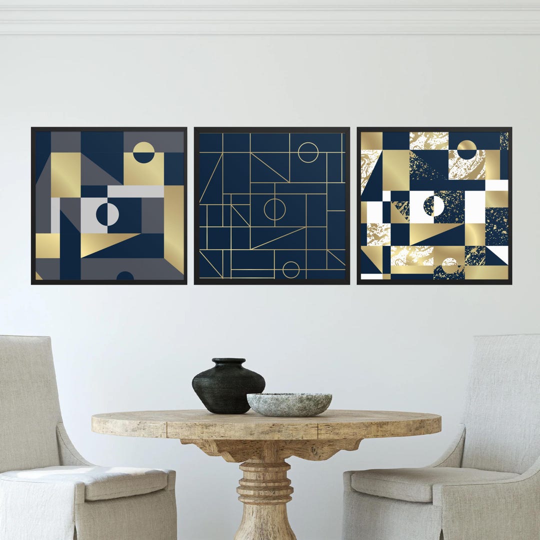 Framed 3-piece Shape Art Set – Navy Blue & Gold Abstract Geometric ...