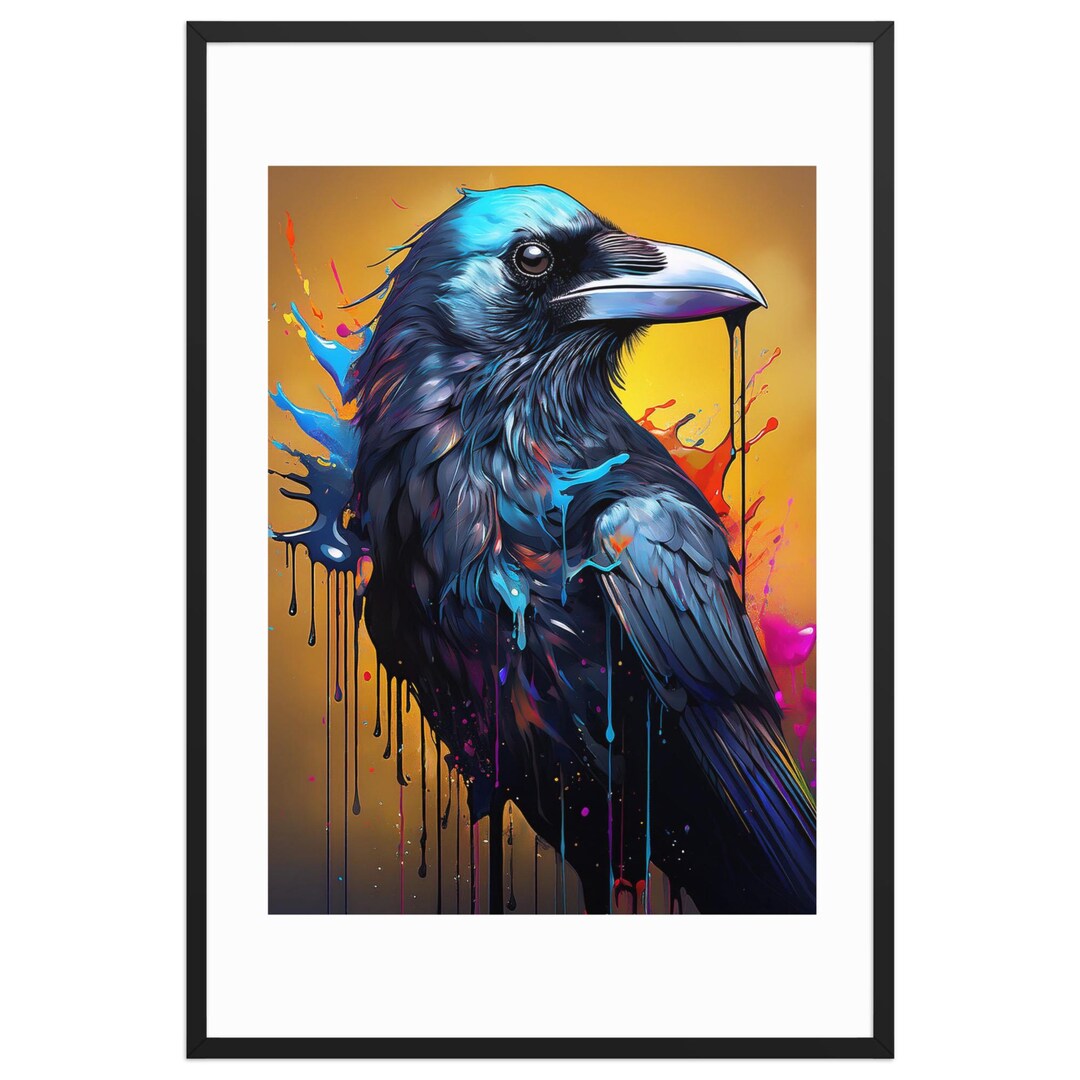 Framed Black Crow Wall Art – Dripping Paint Effect, Dark Abstract Bird ...