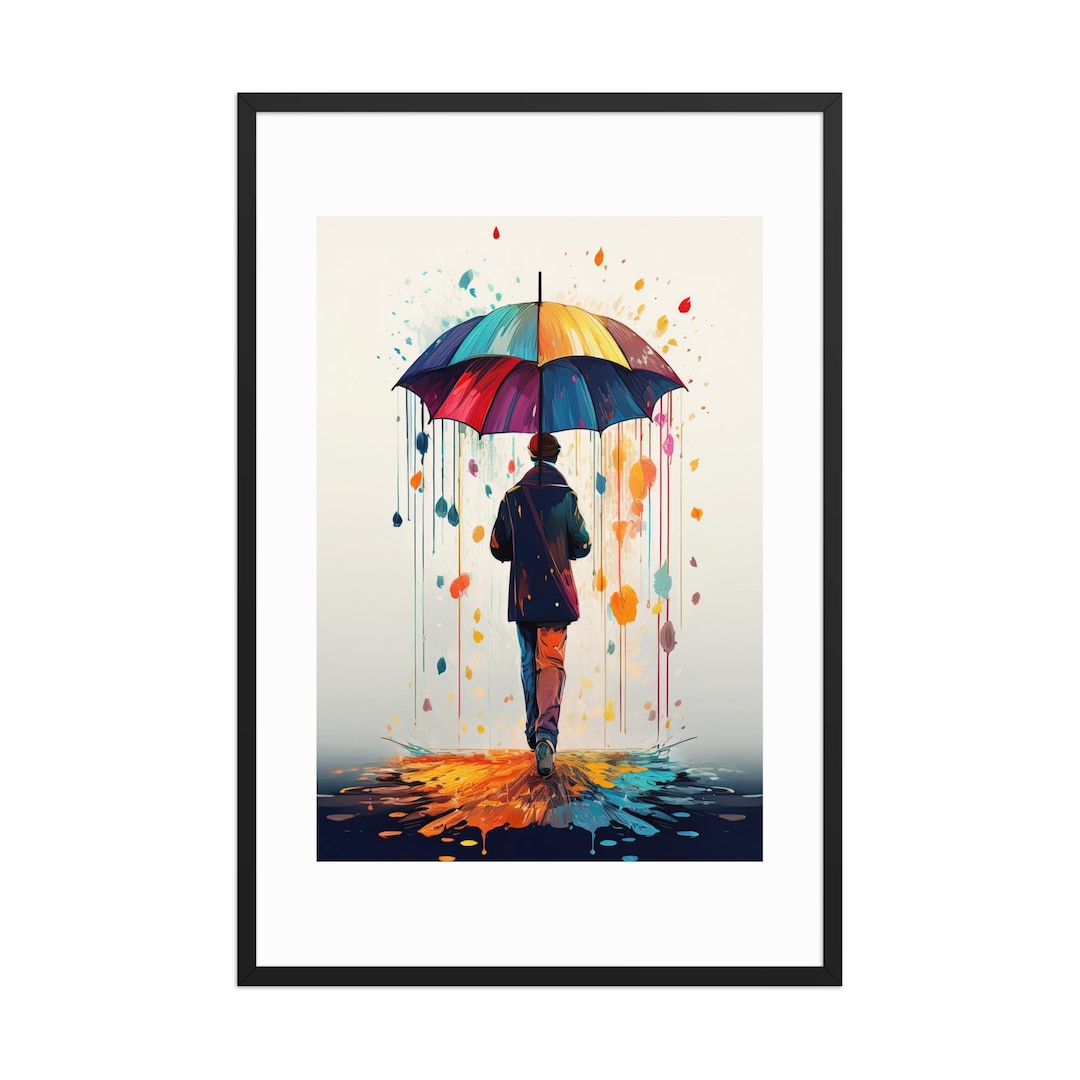 Abstract Man With Umbrella Art Print: Colorful Rain, Modern Home Decor ...